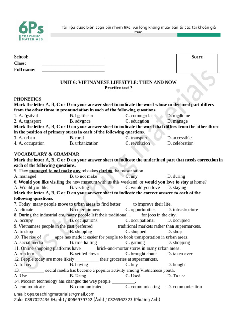 G9 Practice Test 2 Unit 6 | PDF | Vietnam | Transport