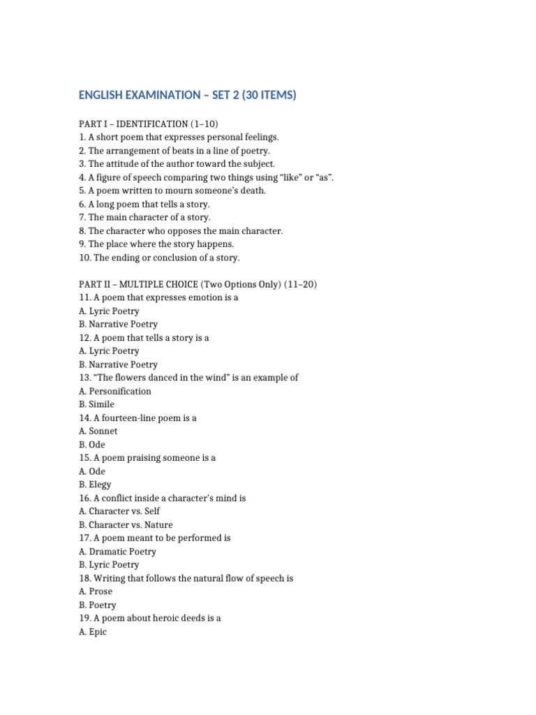 English Set2 Examination With AnswerKey | PDF