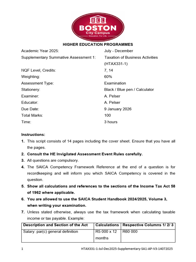 HTAX331 1 Jul Dec2025 Supplementary SA1 V3 AP 14072025 | PDF | Taxes ...