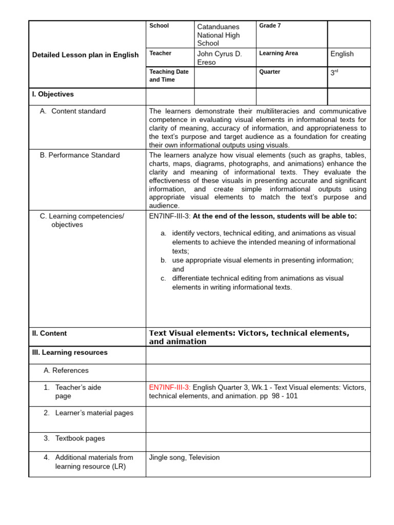 Grade 7 English Lesson Plan: Visual Elements | PDF | Semantics | Editing