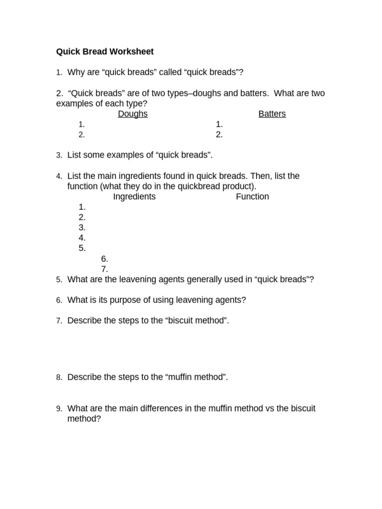 Quick Bread Study Sheet Key | PDF