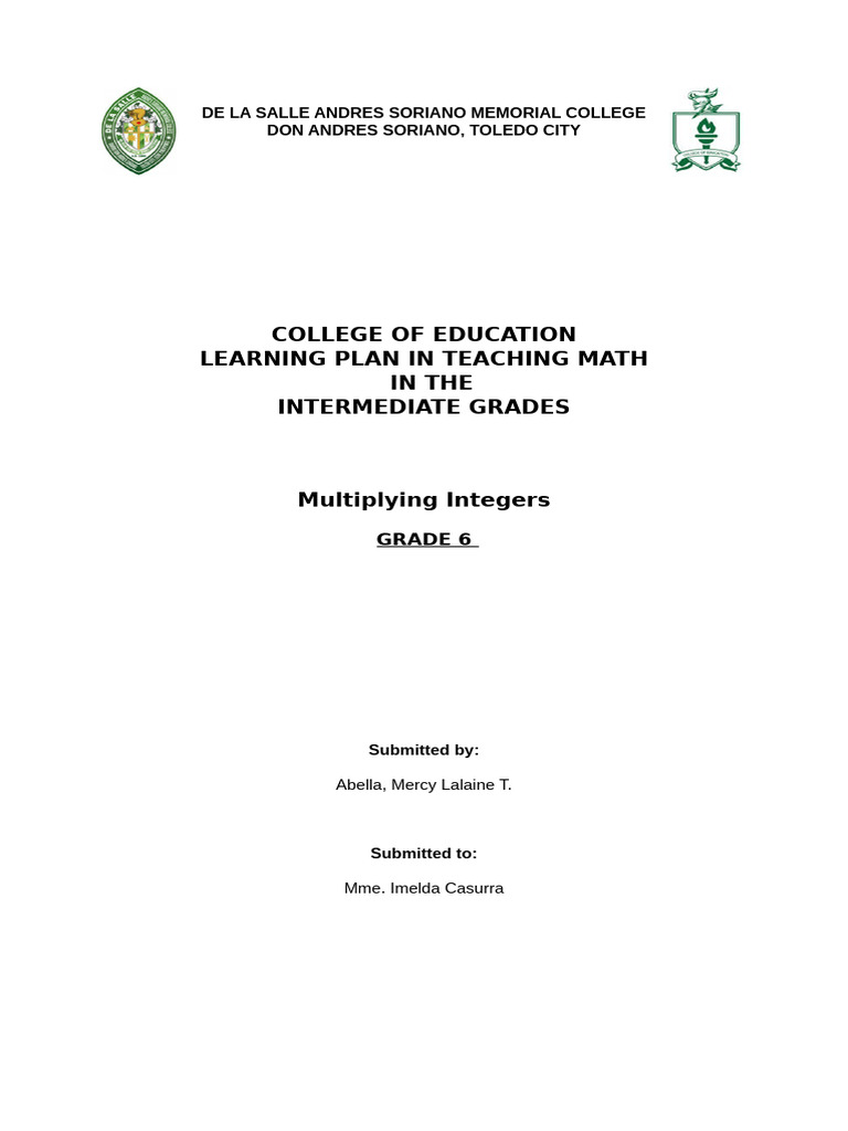 Lesson Plan in Ed Math - Multiplying Integers | PDF | Classroom | Prayer