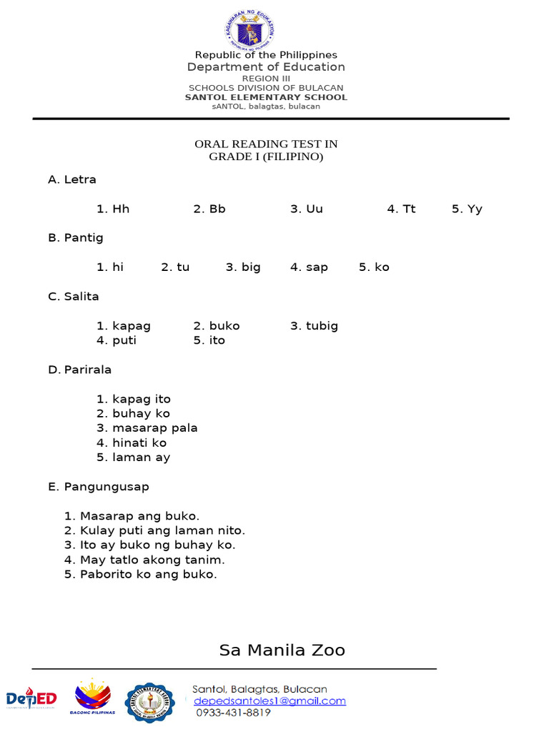 Oral Reading Test Material | PDF