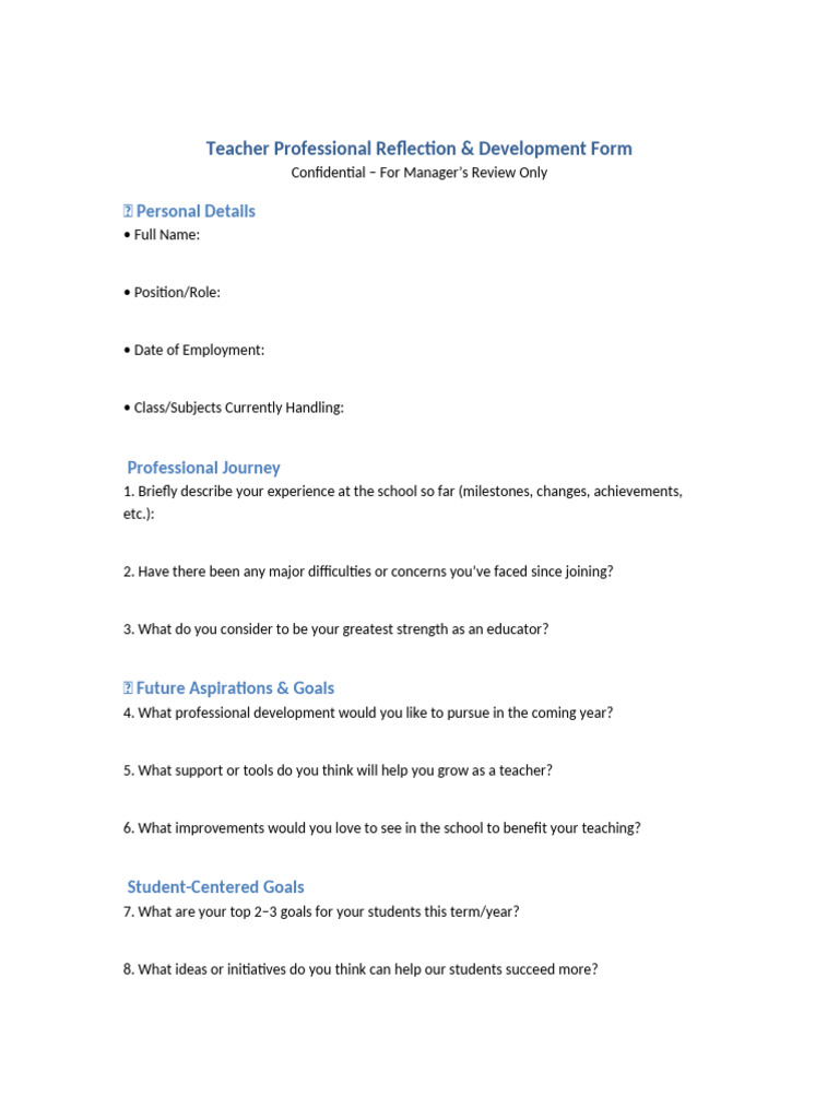 Teacher Reflection & Development Form | PDF