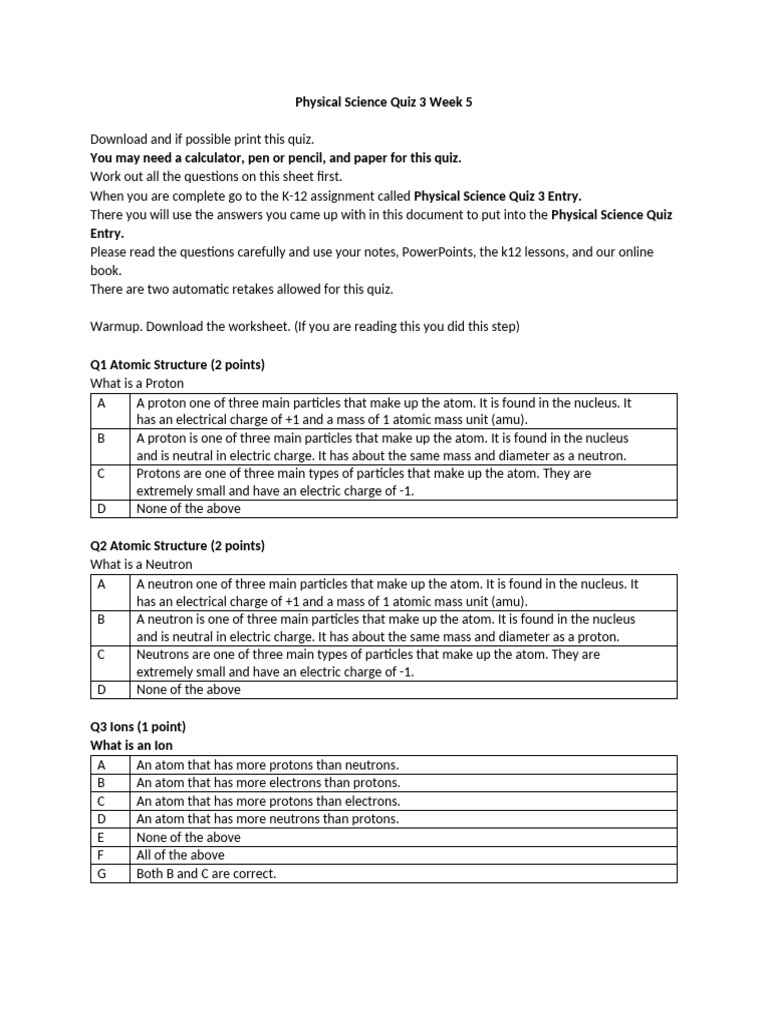 Week 5 Physical Science Quiz Guide | PDF
