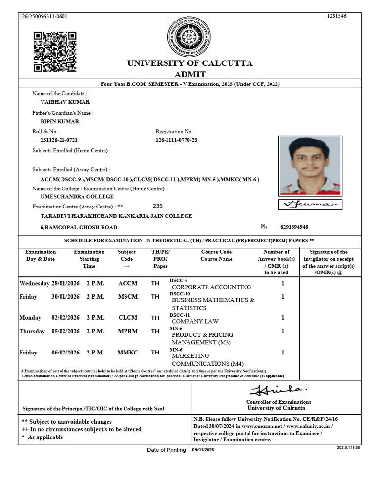 Admit_Card_SEMESTER - V_126_09-01-2026_07-17 | PDF | Educational Stages
