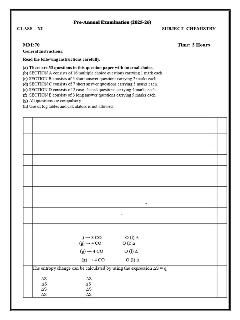 DAV XIth Chemistry Pre-Annual Q.P. | PDF | Chemistry | Physical Chemistry