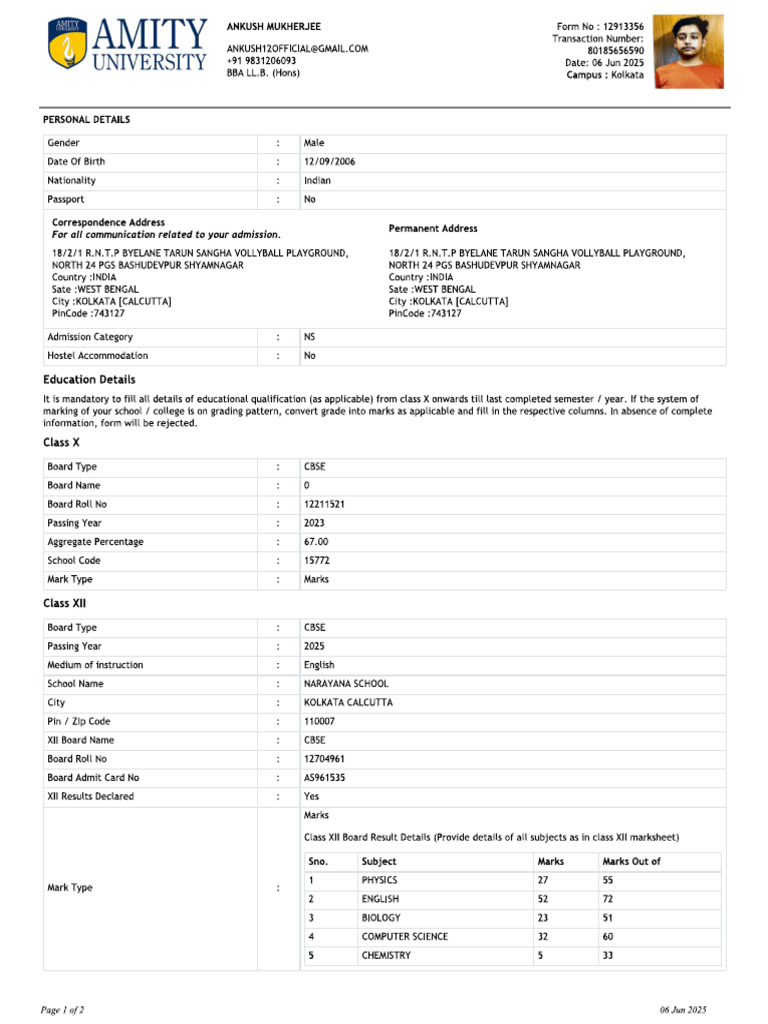 Amity Form 2025 | PDF