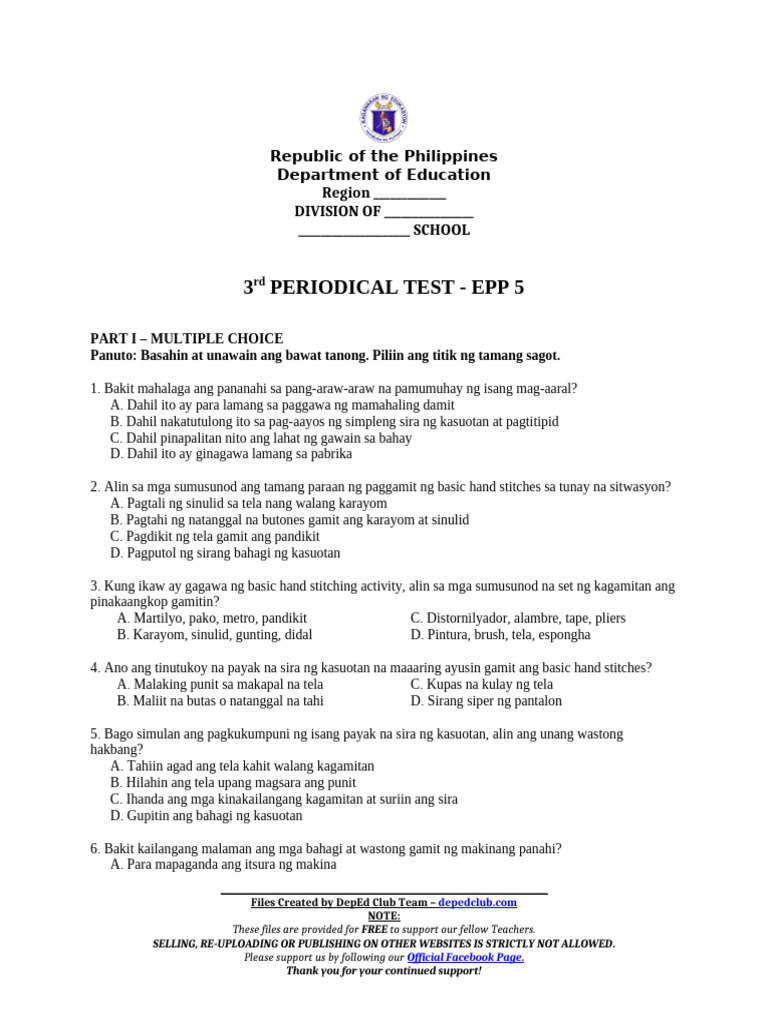DTC - PT - q3 Epp 5 Matatag With Tos Key | PDF