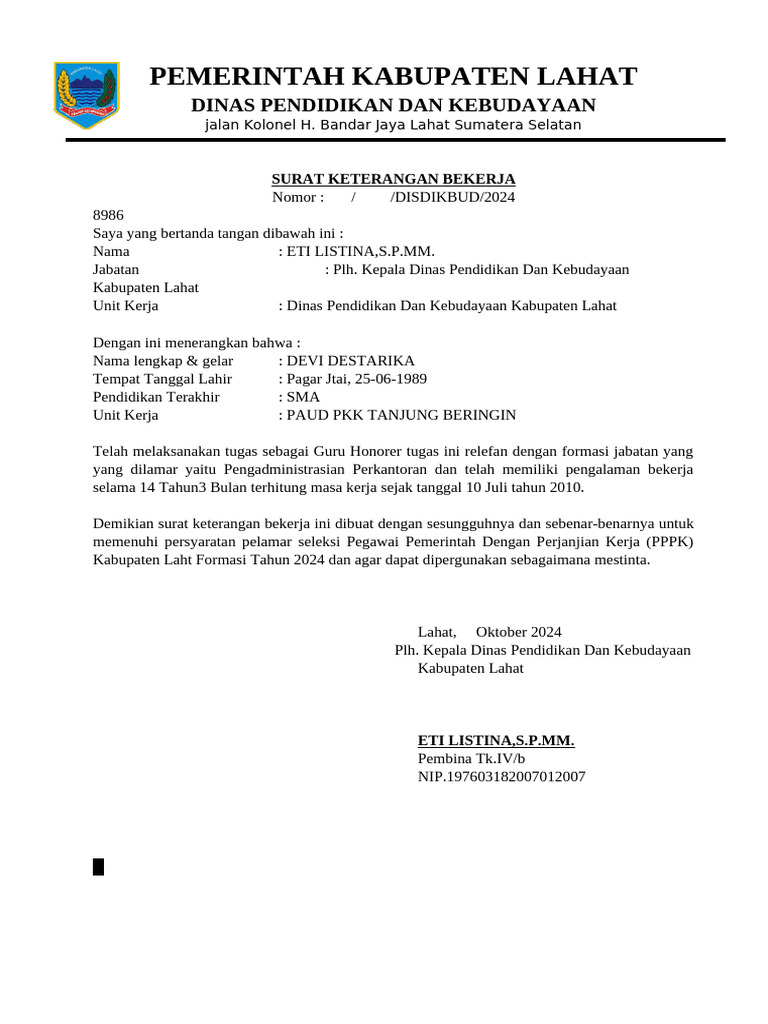 Surat Keterangan Bekerja | PDF
