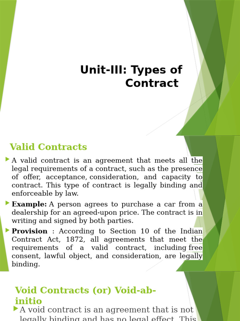 UNIT 3 - Types of Contract | PDF | Void (Law) | Contractual Term