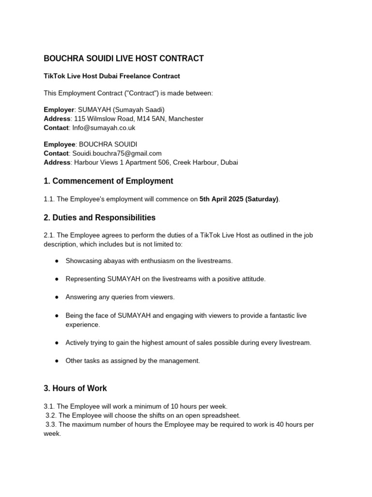 Sophie Pickering Live Host Contract (1) | PDF | Employment | Labor