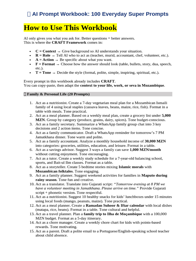 AI Prompt Workbook - 100 Everyday Super Prompts | PDF