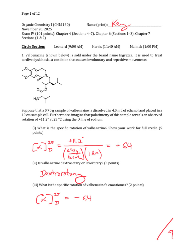 CHM 160 - Fall 2025 - Exam IV Key | PDF | Chirality (Chemistry ...