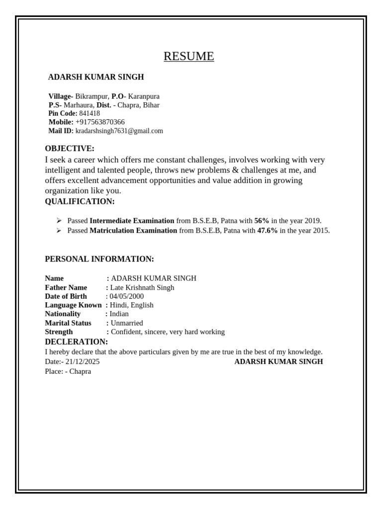 Adarsh Kumar Singh Resume | PDF