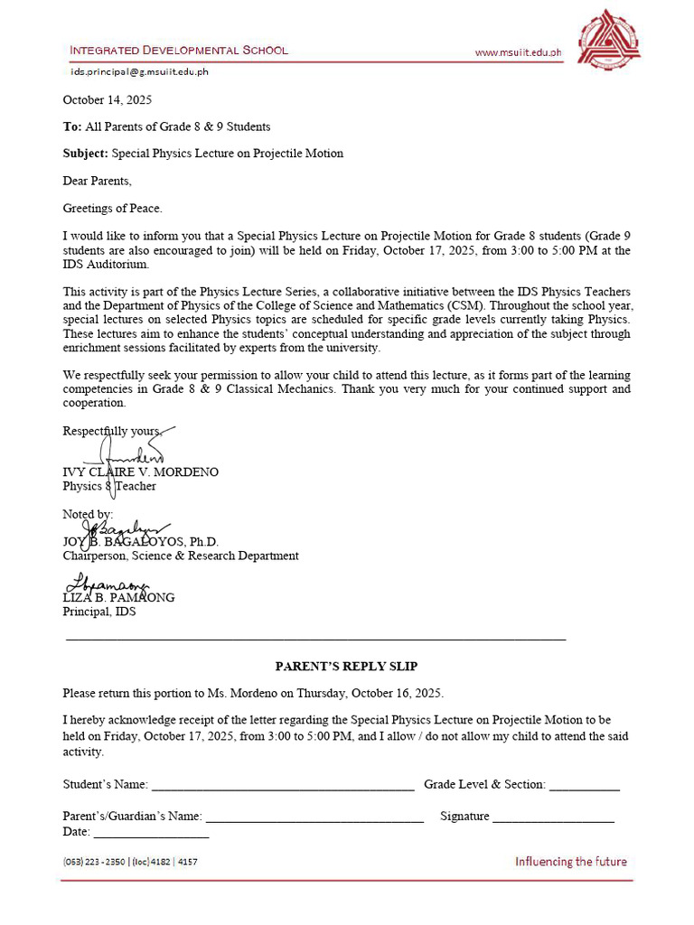 Special Physics Lecture_Letter to Parents | PDF