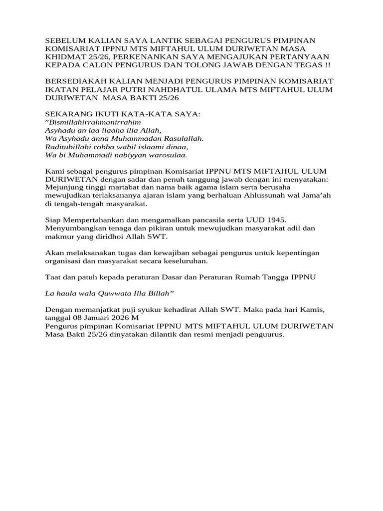 Teks Pelantikan Mts Duriwetan | PDF