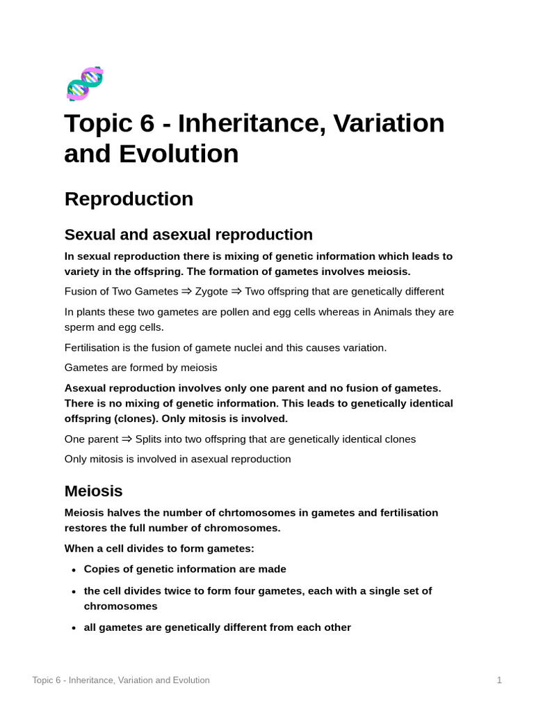Topic 6_ - Inheritance Variation and Evolution | PDF | Sexual ...