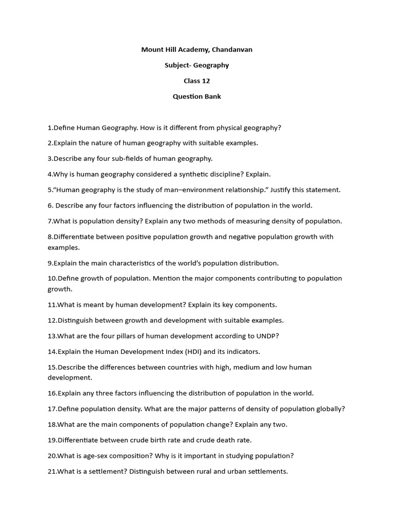 Class 12 Geography Question Bank | PDF | Agriculture | Human ...