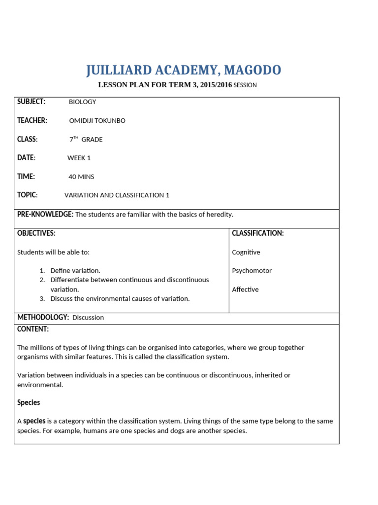 Biology Lesson Plan Year 7 Week 1, 2014-2015(1) | PDF | Cellular ...