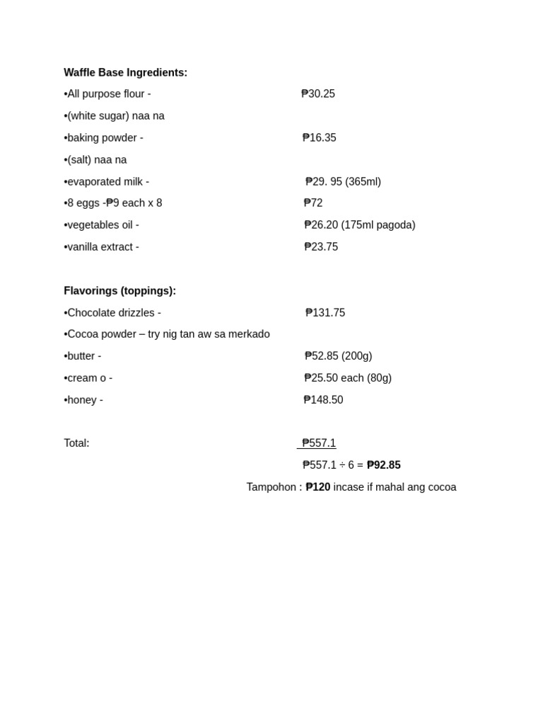 Waffle Recipe Ingredients and Costs | PDF