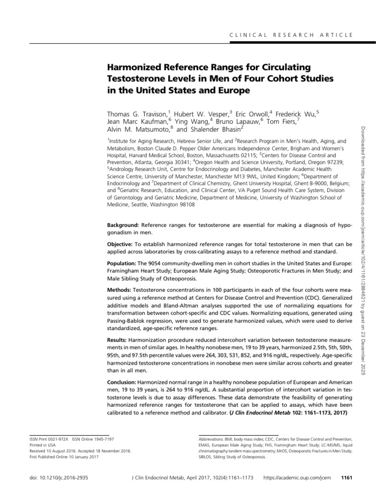 Harmonized Reference Ranges for Circulating Testosterone Levels in Men ...