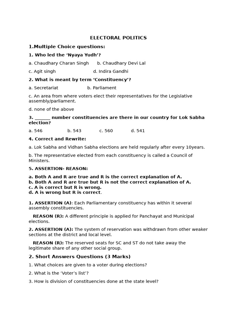 Electoral Politics: Key Concepts & Questions | PDF