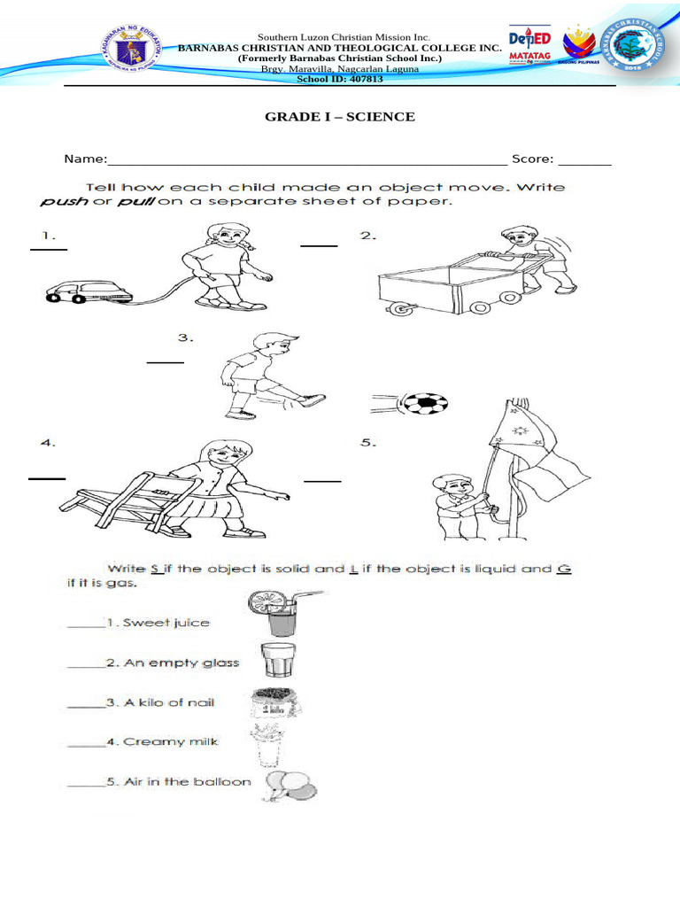 Grade I Science Assessment - Barnabas College | PDF