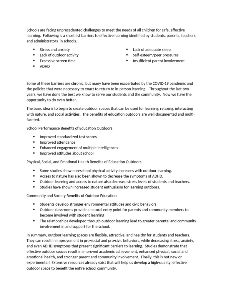 Summary of Benefits of Outdoor Learning For Middle Schoolers | PDF ...