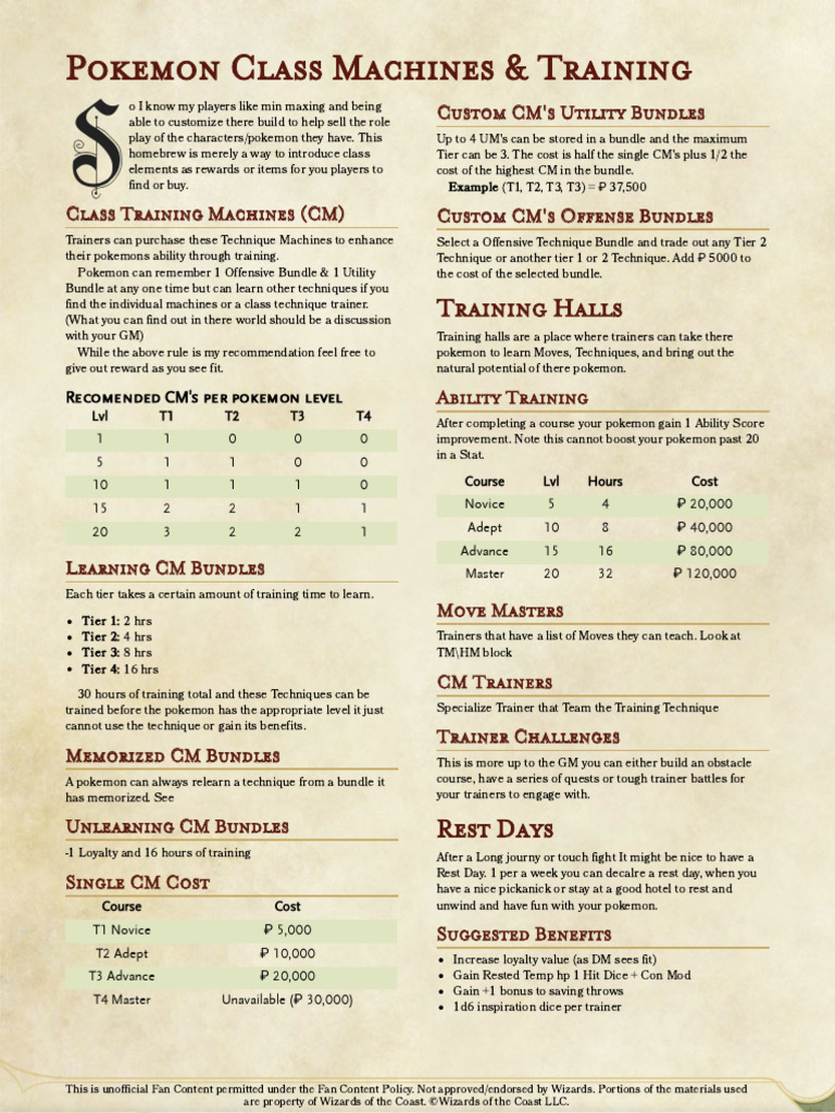 Pokémon Class Machines & Training Guide | PDF