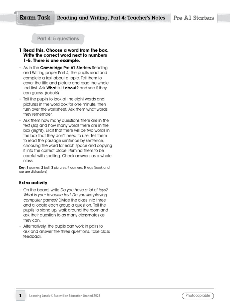 Learning Lands Cambridge Exam Materials Starters Exam Task Reading and ...