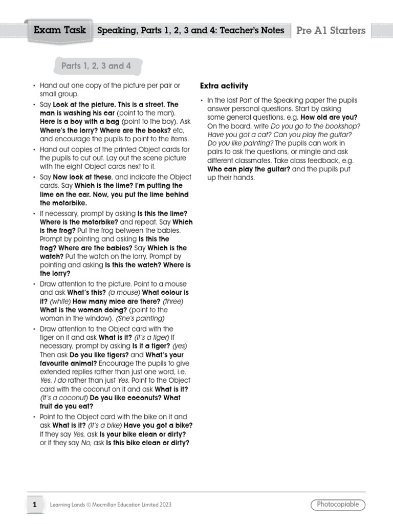 Pre A1 Starters Speaking Activities Guide | PDF