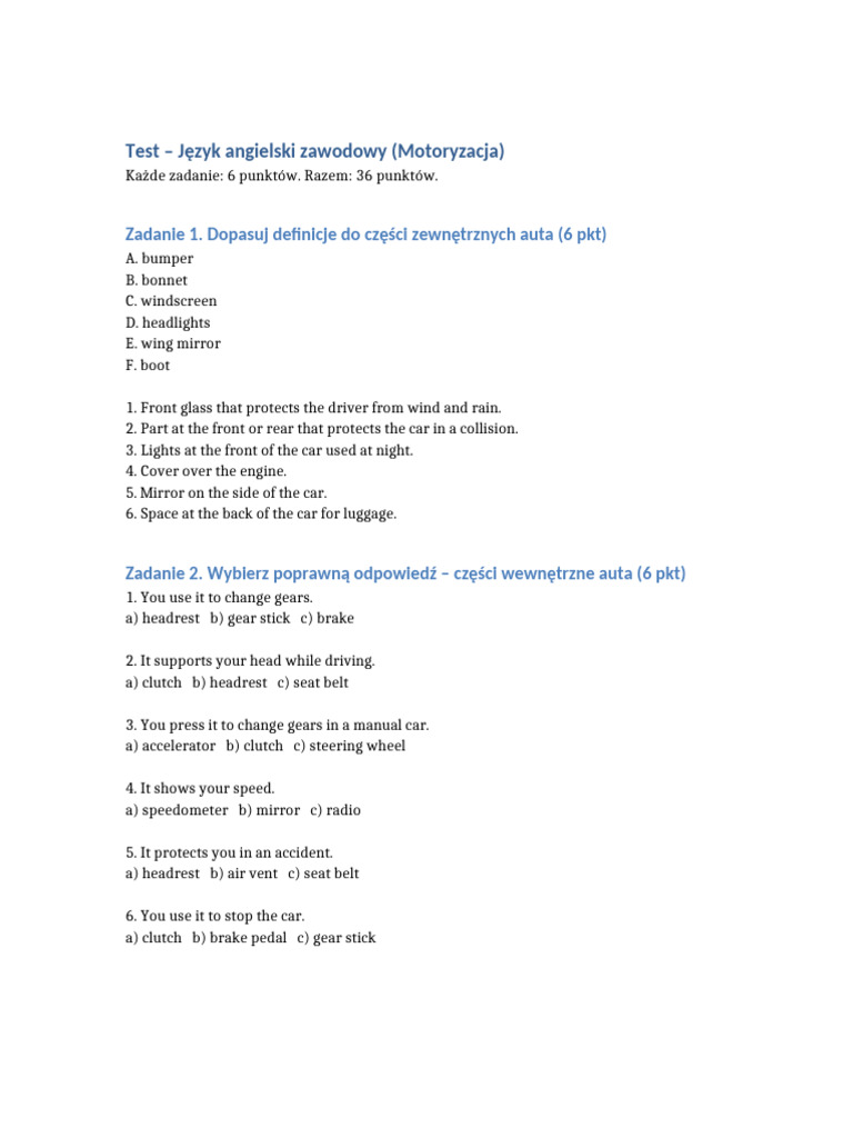 English for Automotive Professionals Test | PDF | Car | Vehicle Technology