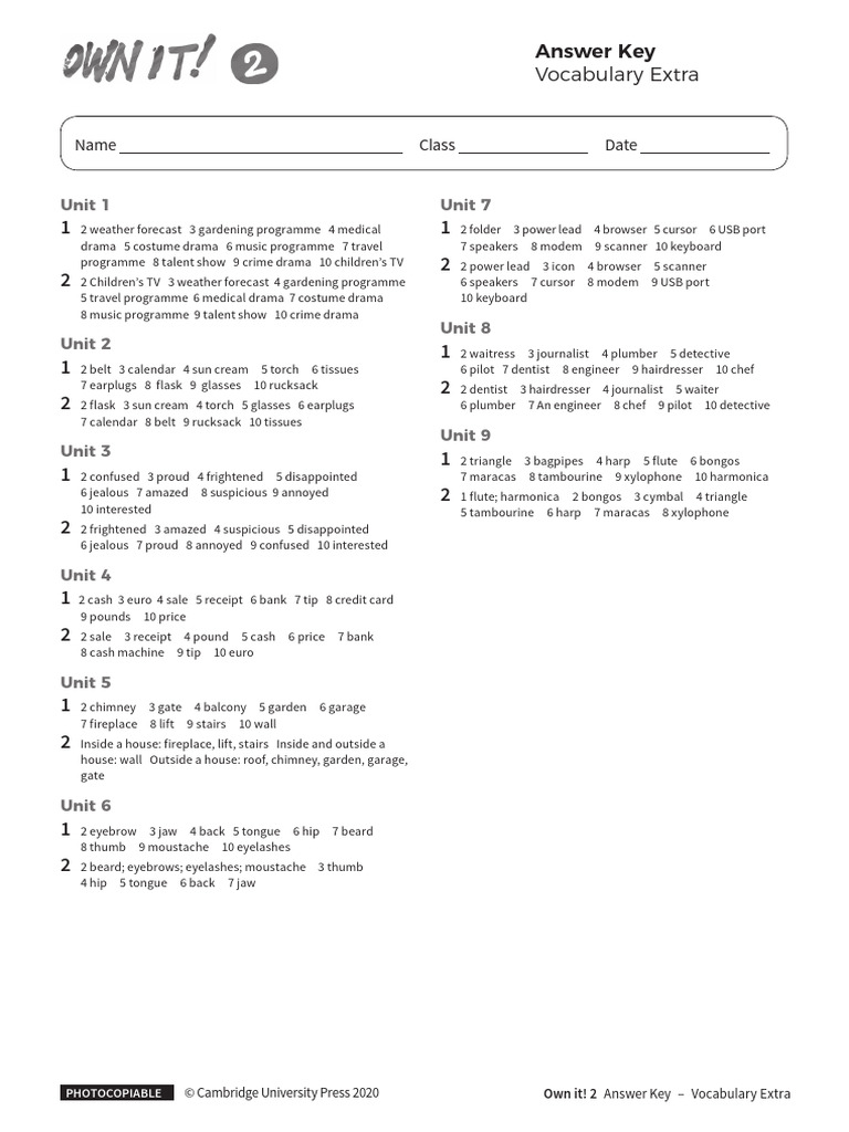 Vocabulary Extra Answer Key | PDF