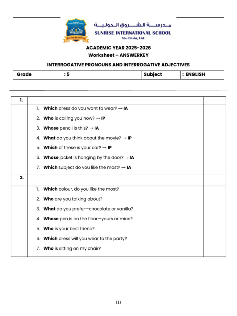 Answer Key- Worksheet Interrogative Pronouns and Interrogative ...