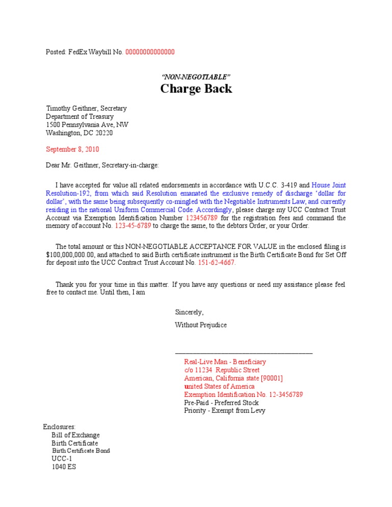 Non-Negotiable Charge Back Letter | PDF | Uniform Commercial Code ...