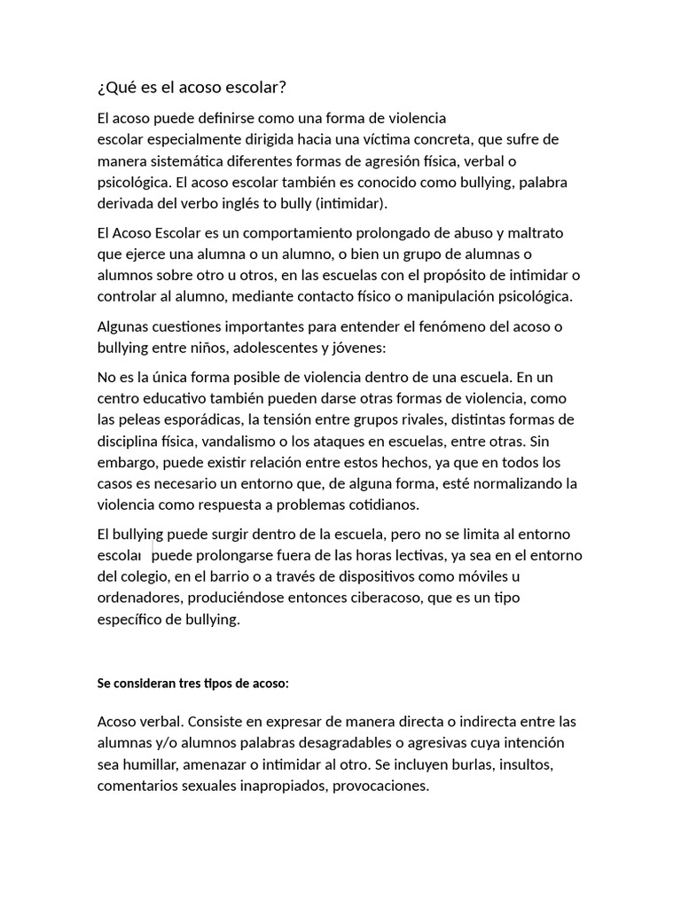 Informacion Acoso Escolar (Bullying y Cyberbullying) Comunicacion | PDF ...