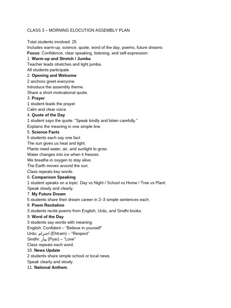 Class 3rd Elocution Assembly Plan | PDF