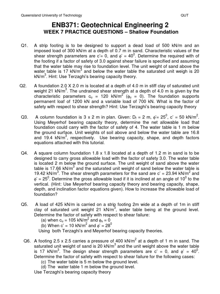 01 ENB371 Tutorial Week 7 Shallow Foundation | PDF | Geotechnical Engineering | Civil Engineering