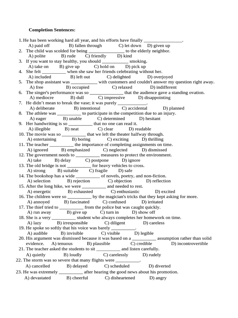 Completion Sentences for Language Practice | PDF