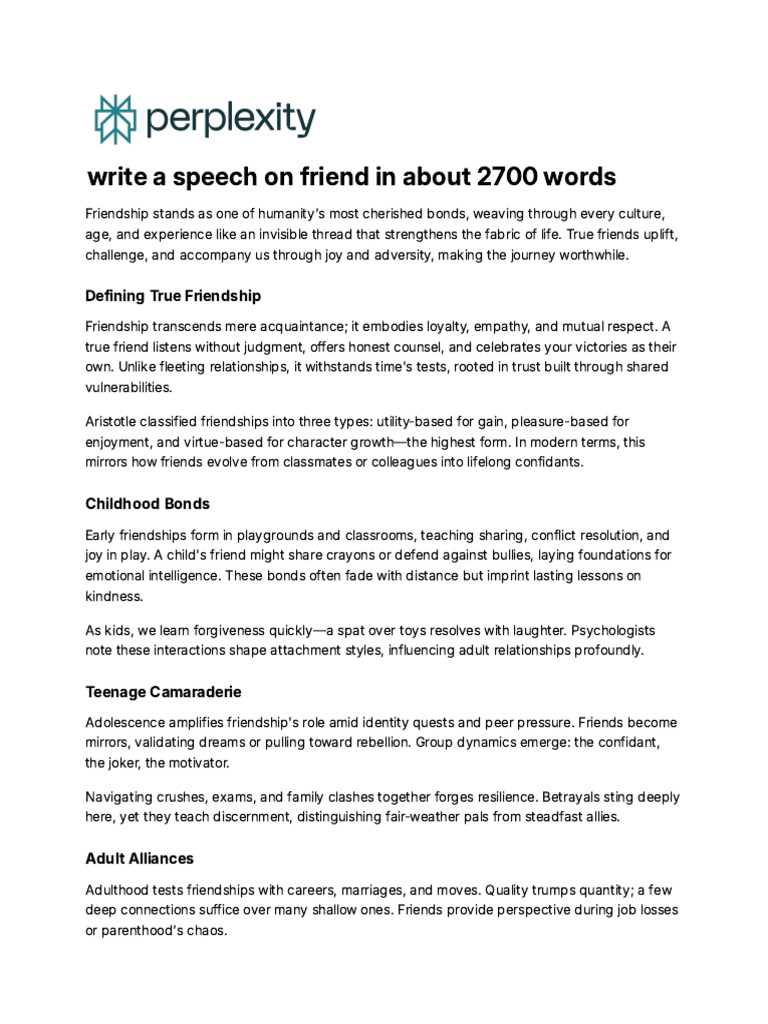Write a Speech on Friend in About 2700 Words | PDF | Friendship ...