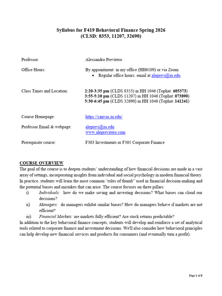 F419 Previtero Syllabus 2026 V1 | PDF | Behavioral Economics | Psychology