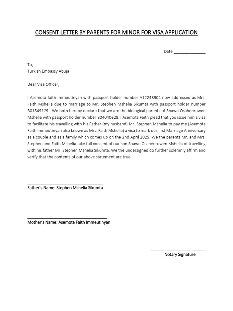 Parent Consent Letter for Minor Visa | PDF