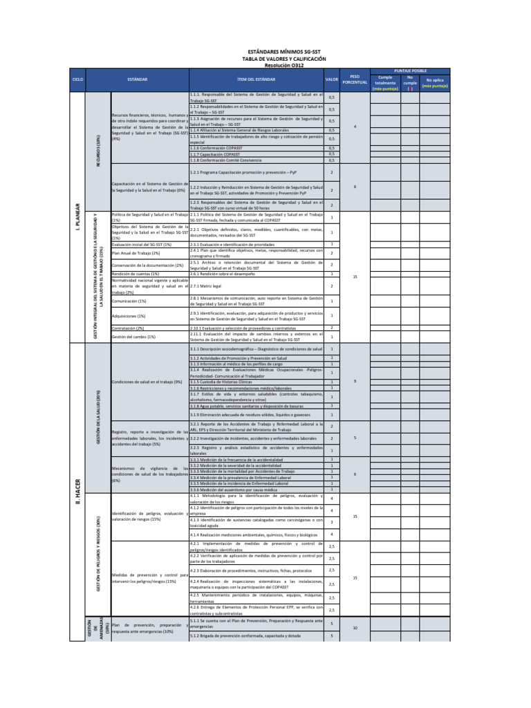 FORMATO Tabla de Valores - Estándares Mínimos Res. 312 de 2019 | PDF