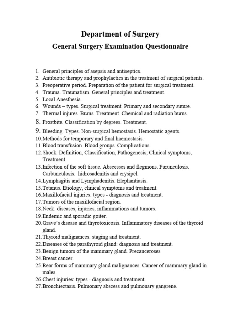 General Surgery Exam Questionnaire Guide | PDF | Pancreas | Liver