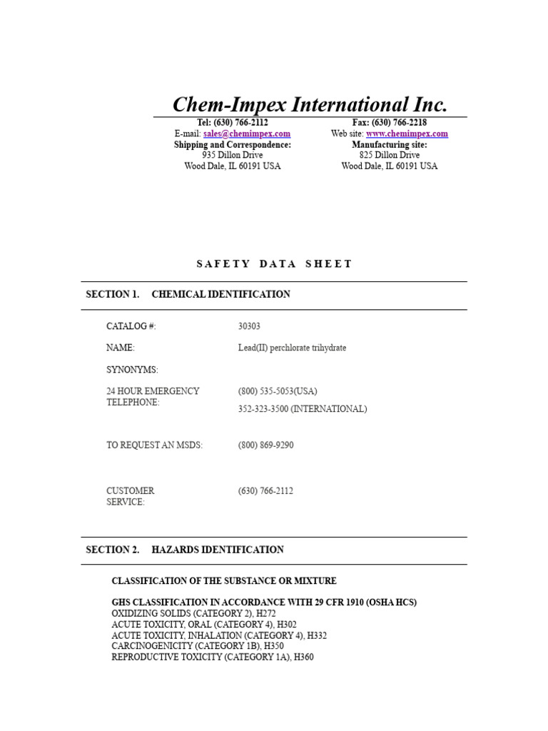 Lead(II) Perchlorate Trihydrate SDS | PDF | Toxicity | Occupational ...