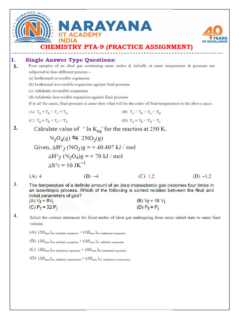 Sr Star Model-A Rev Prog Pta-8 Chemistry Thermodynamics Assignment | PDF