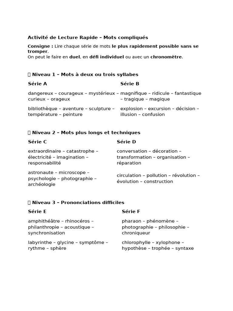 Lecture Rapide : Défi Mots Compliqués | PDF