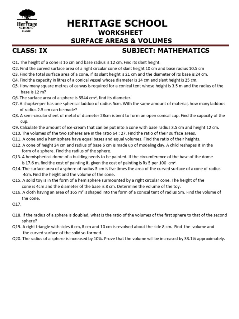 Surface Areas and Volumes 9th Worksheet | PDF | Sphere | Area
