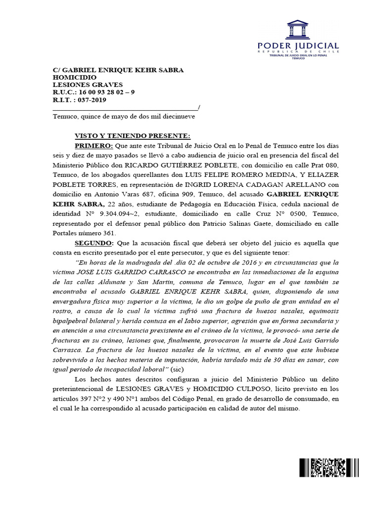 6 sentencia Gabriel Kehr. Homicidio Preterintencional. (1) | PDF ...
